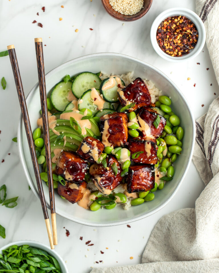 Gochujang Glazed Air Fryer Salmon Bowls - Peanut Butter and Fitness