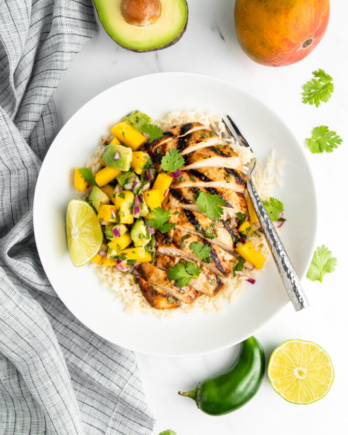 Cilantro Lime Chicken with Mango Avocado Salsa - Peanut Butter and Fitness