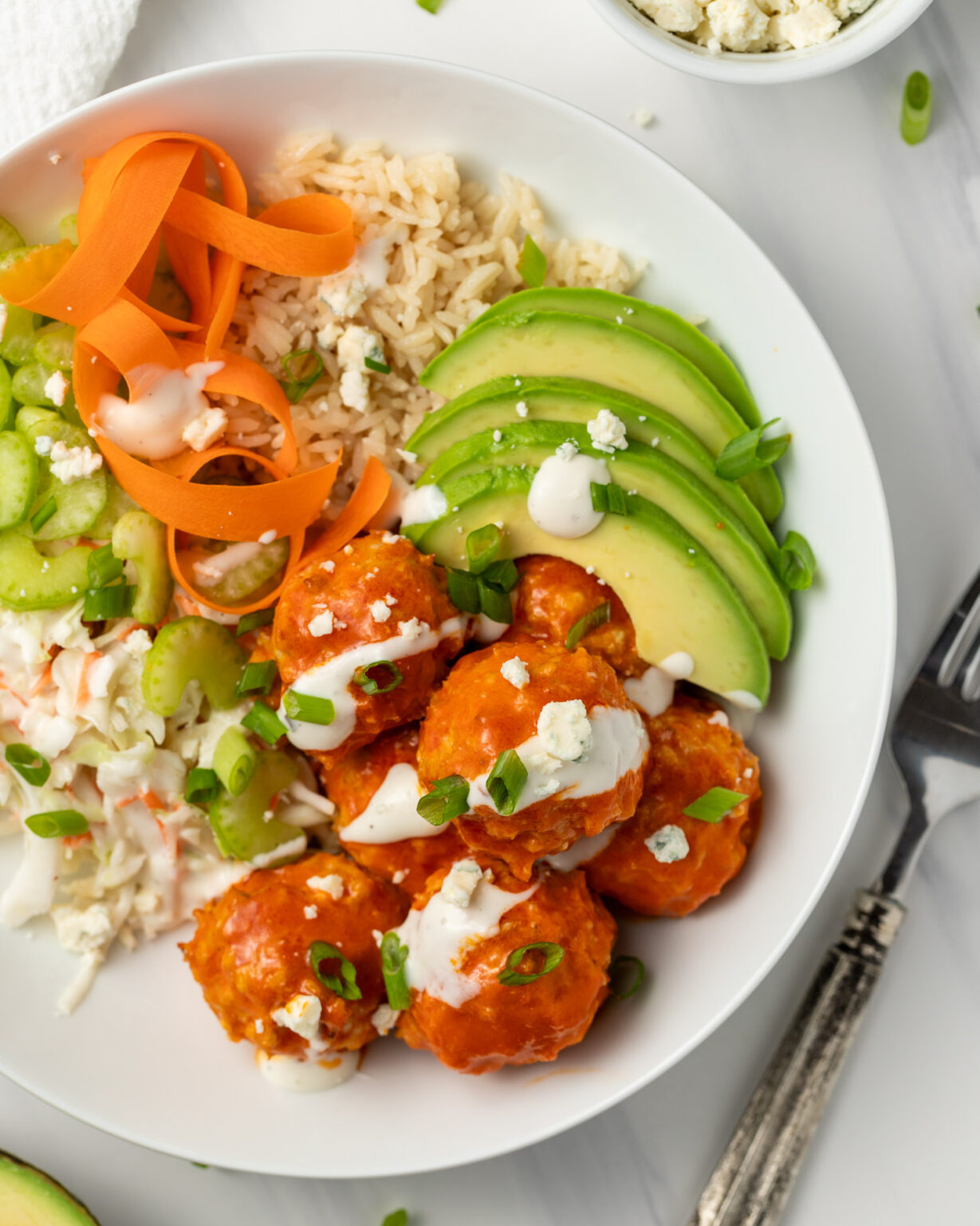 Buffalo Chicken Meatball Bowls - Peanut Butter and Fitness